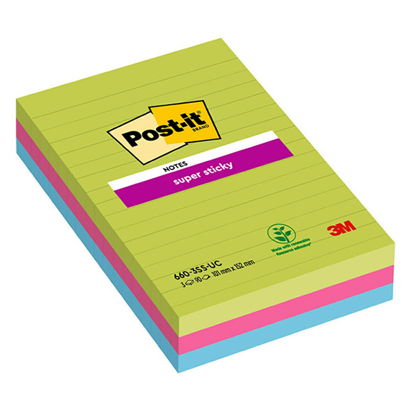 3M Post-it super sticky notes gelijnd kleuren 102 x 152 mm (3 pack) 3M ...
